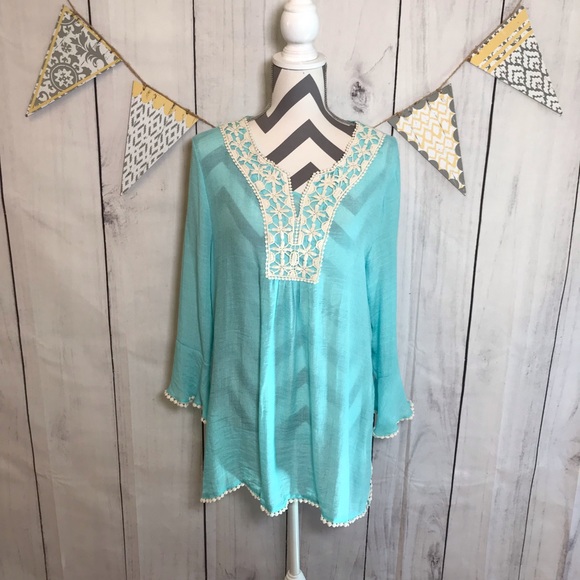 Cal Style | Tops | Turquoise Tunic Top Cream Crochet Trim Boho Large ...